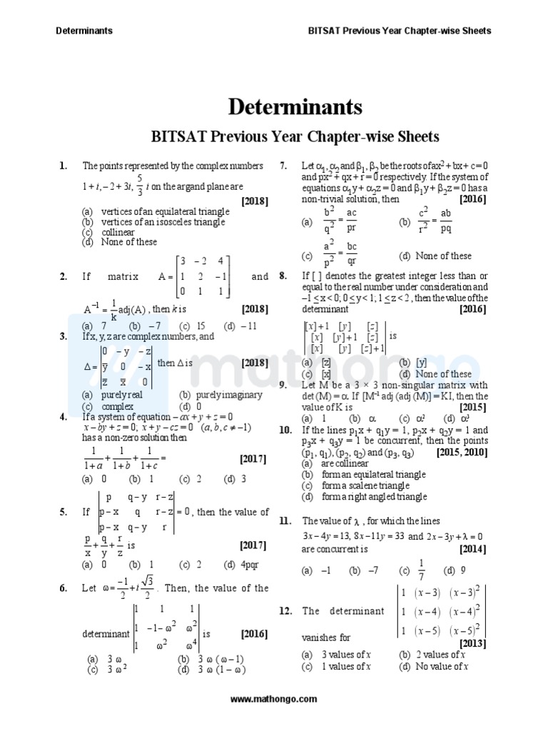 Determinants - BITSAT Previous Year Chapter-Wise Sheets - MathonGo | PDF | Quadratic Equation ...
