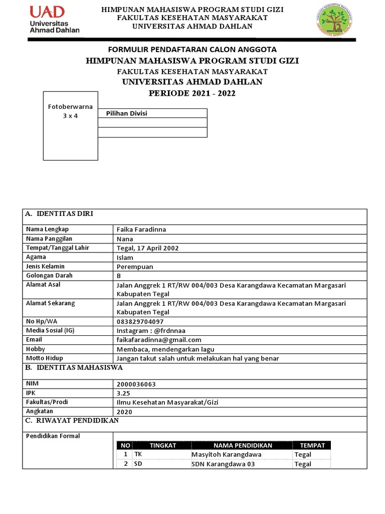 Formulir Pendaftaran Calon Anggota | PDF