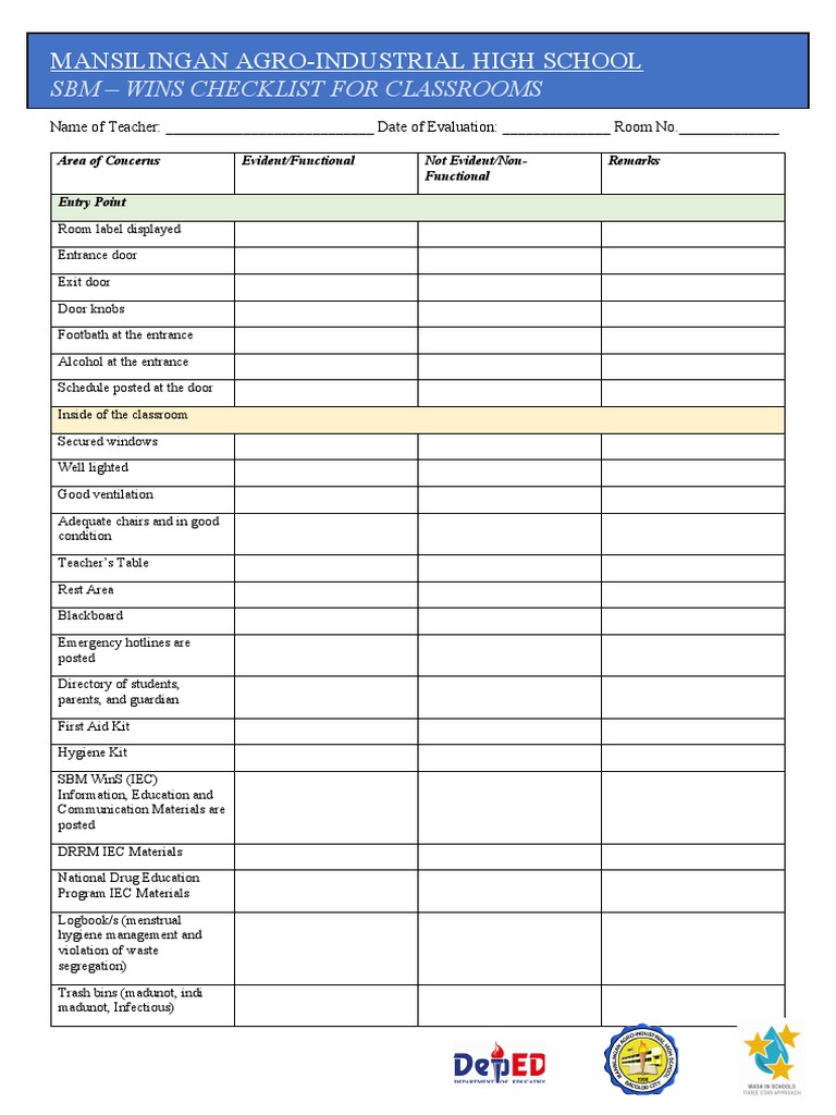 SBM - Wins Checklist For Classrooms: Mansilingan Agro-Industrial High ...