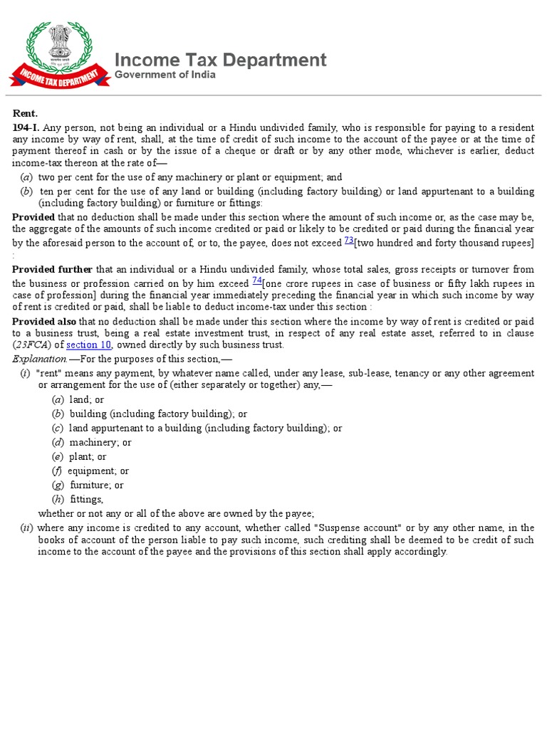 Income Tax Department 194I | PDF | Lease | Income Tax