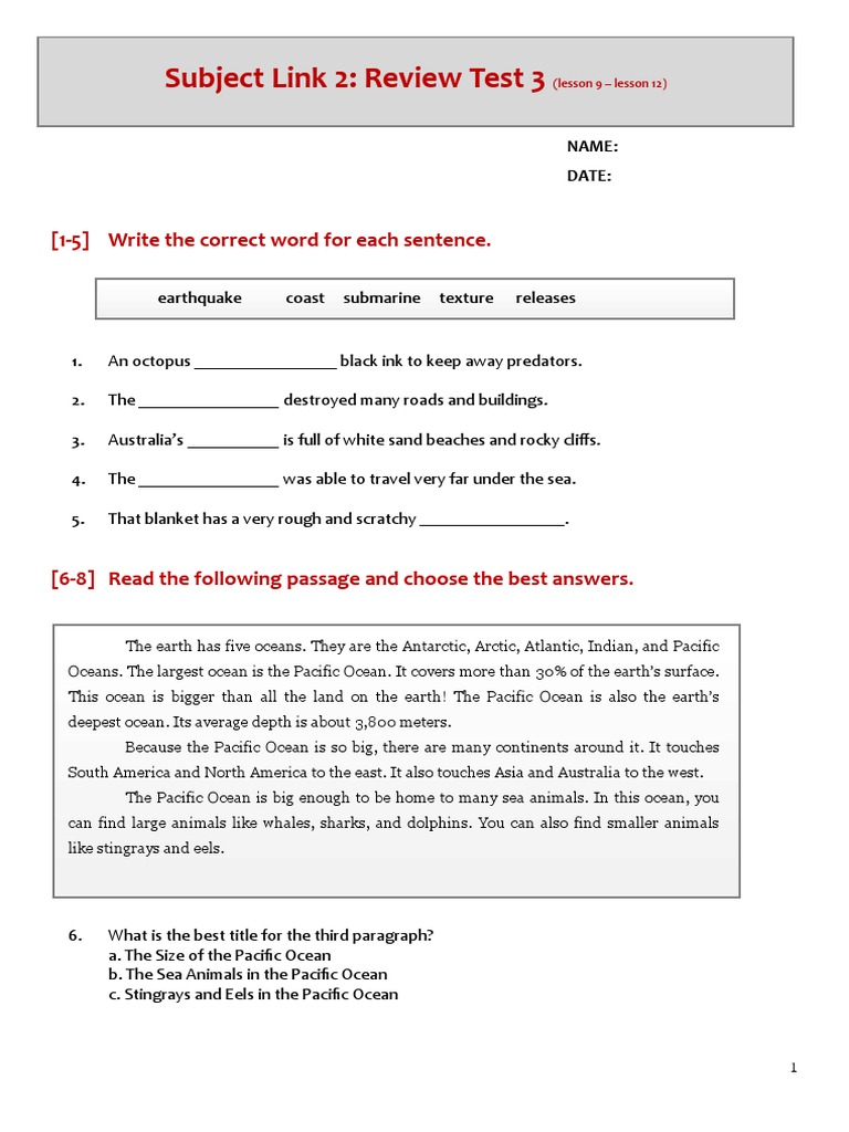 Subject Link 2 Review Test 3 | PDF | Pacific Ocean | Oceans