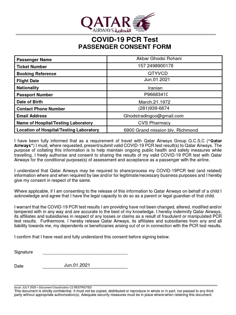 COVID-19 PCR Test: Passenger Consent Form | PDF | Consent | Business