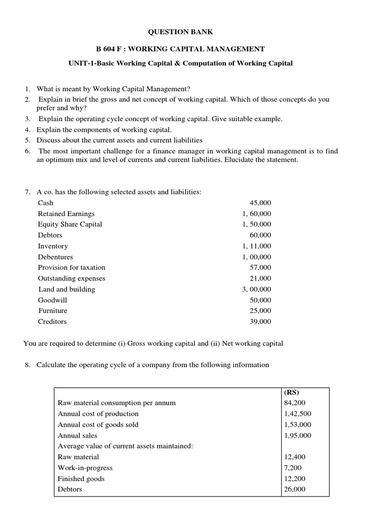 Question Bank B 604 F: Working Capital Management UNIT-1-Basic Working ...