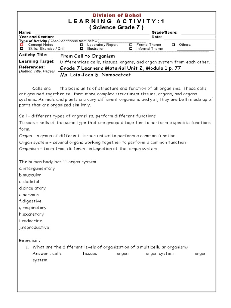 Science 7 Biology (Cells) | PDF | Organ (Anatomy) | Human Body