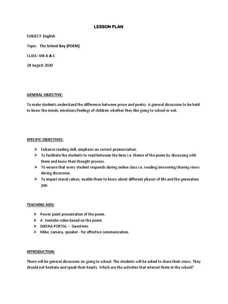The School Boy LESSON PLAN, 8 | PDF | Poetry | Lesson Plan