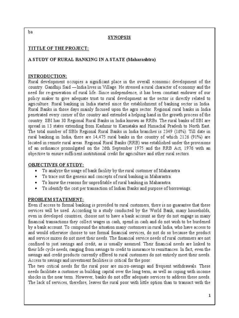 Synopsis Tittle of The Project: A Study of Rural Banking in A State ...