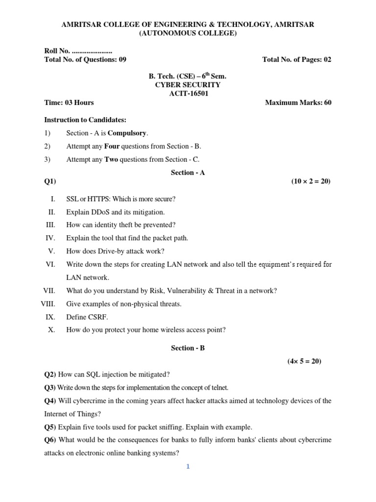 ACIT 16501 Cyber Security BTech CSE 6th Sem | PDF | Denial Of Service ...