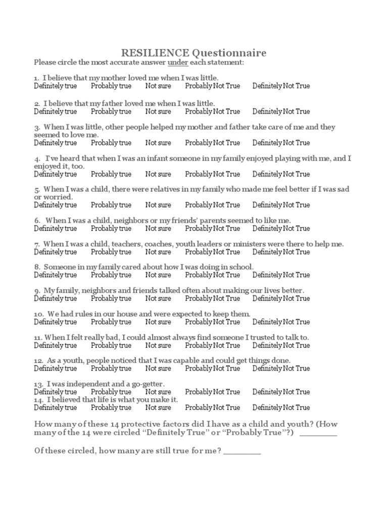 RESILIENCE Questionnaire | PDF | Human Nature