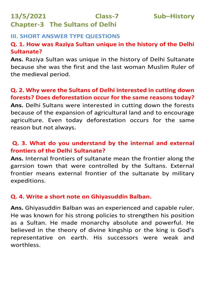 13/5/2021 Class-7 Sub-History Chapter-3 The Sultans of Delhi | PDF