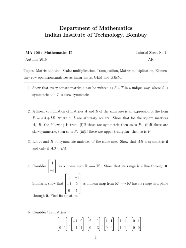 Matrix Algebra Tutorial Sheet 1 | PDF | Matrix (Mathematics) | System ...