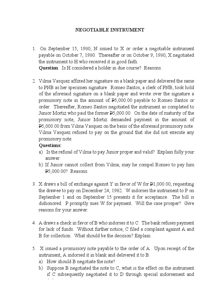 NEGOTIABLE INSTRUMENTS - Exams | PDF | Negotiable Instrument ...