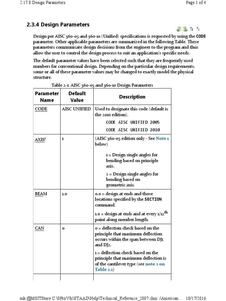 STAAD PRO V8i Technical Reference - Design Parameters | PDF | Mechanics | Classical Mechanics