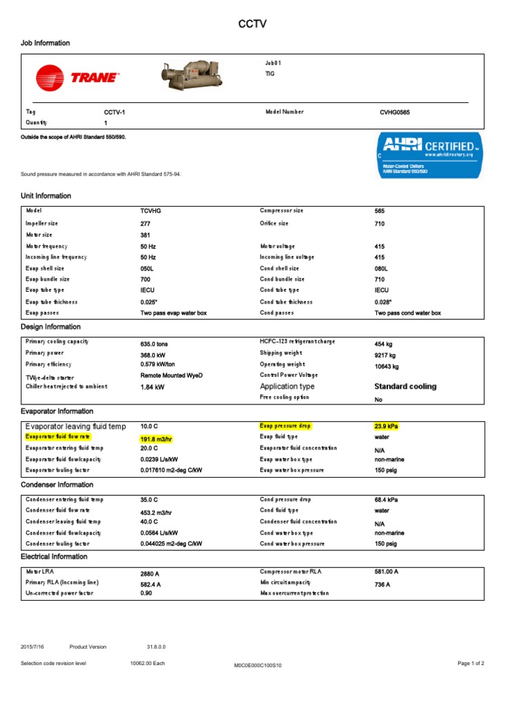 Trane Chiller Data Sheet CVHG | PDF | Building Engineering | Physical ...