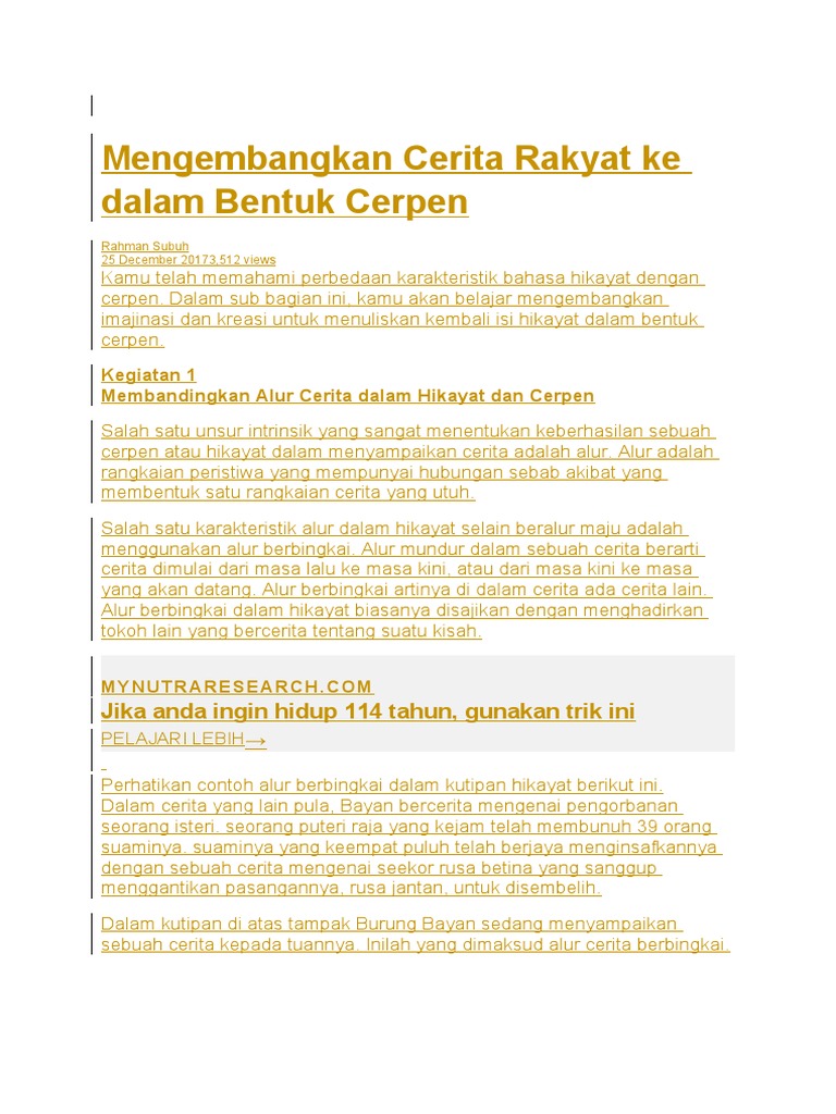 Mengembangkan Cerita Rakyat Ke Dalam Bentuk Cerpen | PDF
