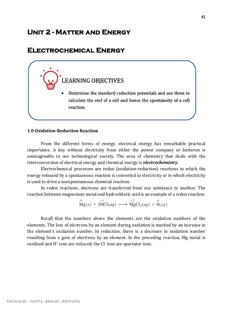 Unit 2 - Matter and Energy Electrochemical Energy: Learning Objectives ...