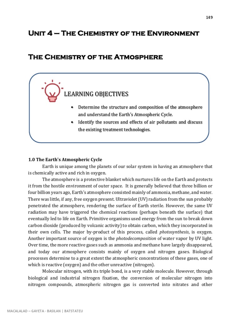 Unit 4 - The Chemistry of The Environment: Learning Objectives ...