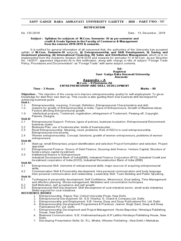 Mcom Sem IV Syllabus | PDF | Entrepreneurship | Money