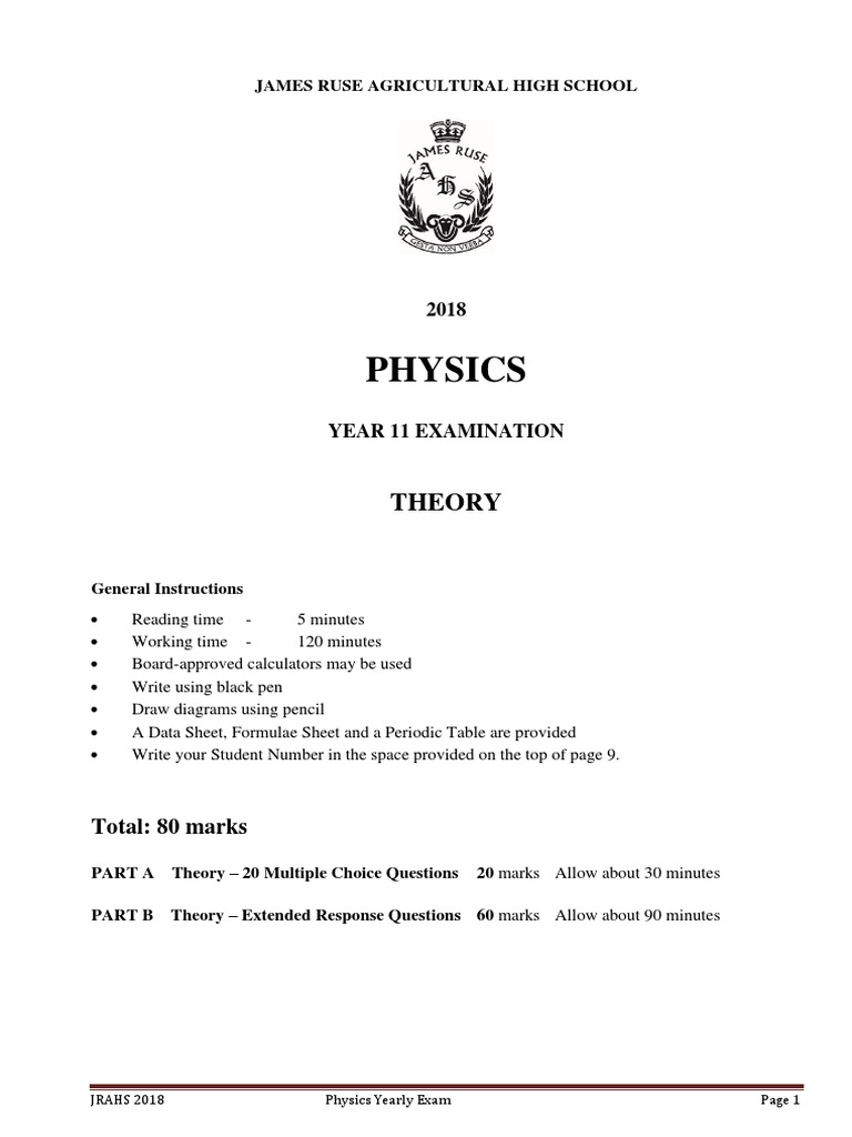 James Ruse 2018 Physics Prelim Yearly & Solutions | PDF | Wavelength ...
