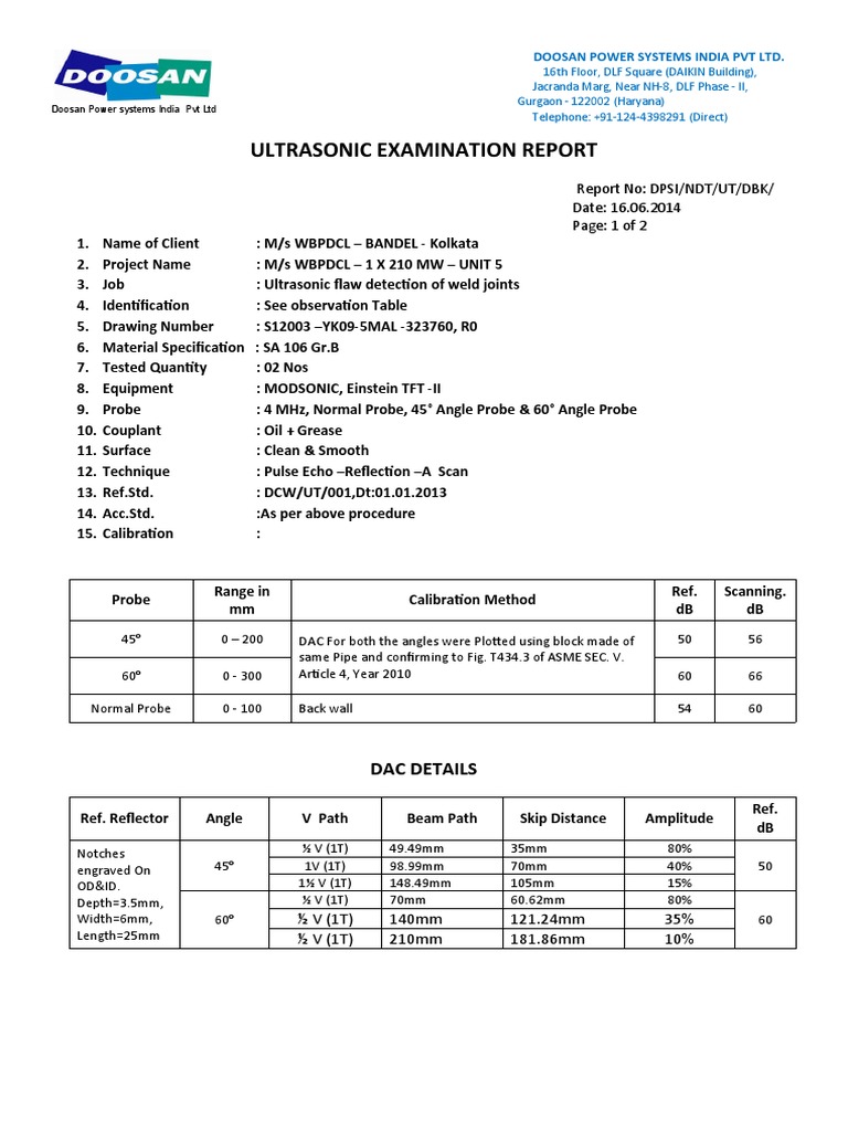 Ultrasonic Examination Report: Dac Details | PDF | Nondestructive ...