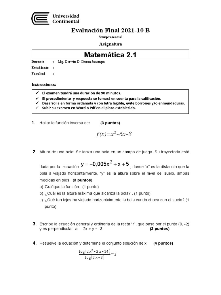 Eval Final Matemática 2.1 - Distancia 2021 I | PDF