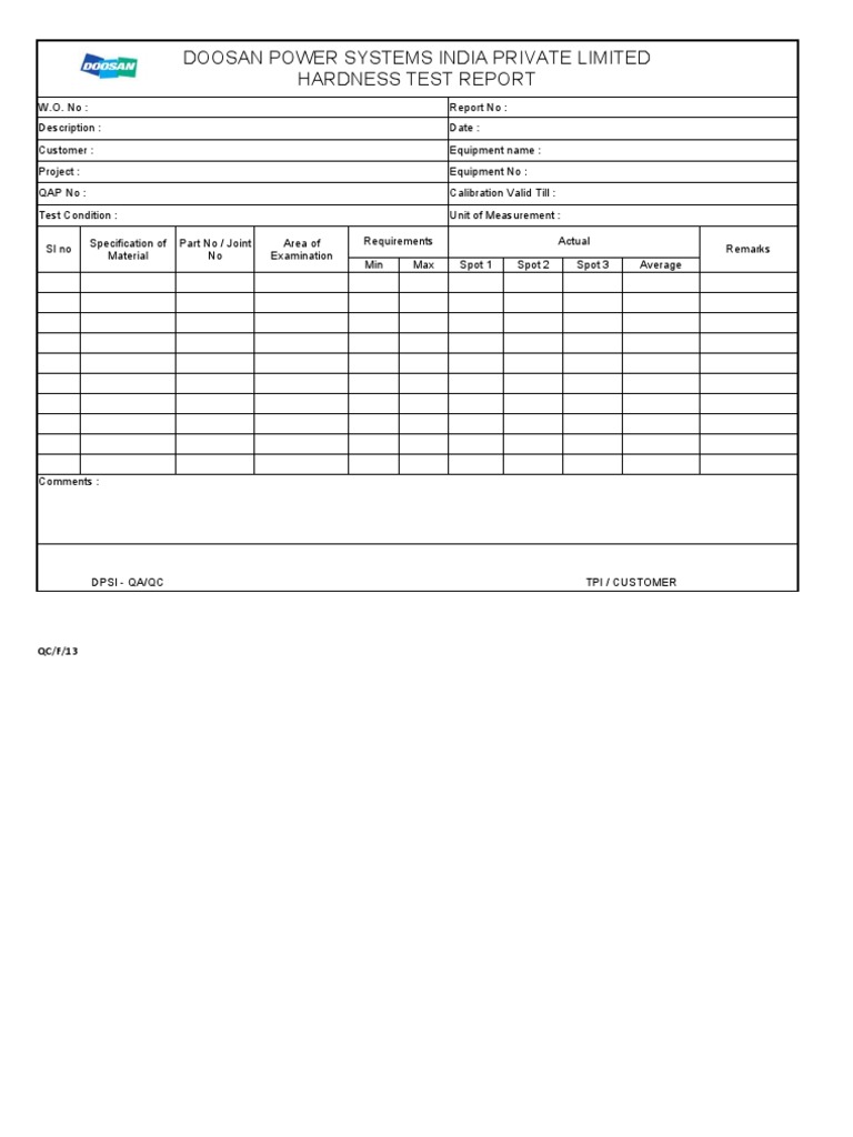 Doosan Power Systems India Private Limited Hardness Test Report | PDF ...