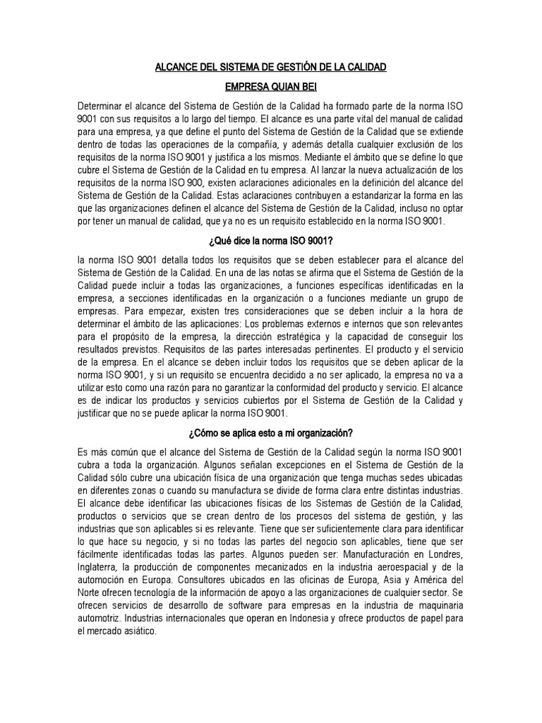 Alcance Del Sistema de Gestión de La Calidad | PDF | Gestión de la ...