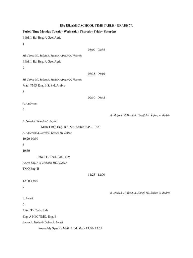 ISA Islamic School Timetable 2023-2024 | PDF