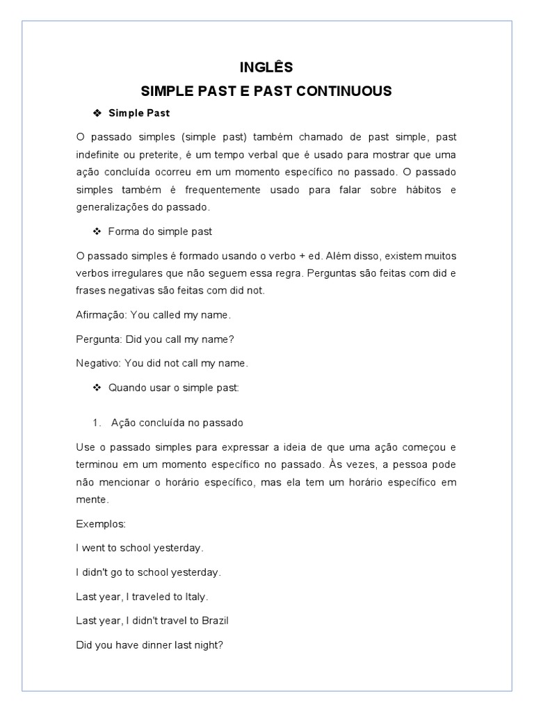 Inglês - Simple Past e Past Continuous | PDF | Conjugação gramática ...