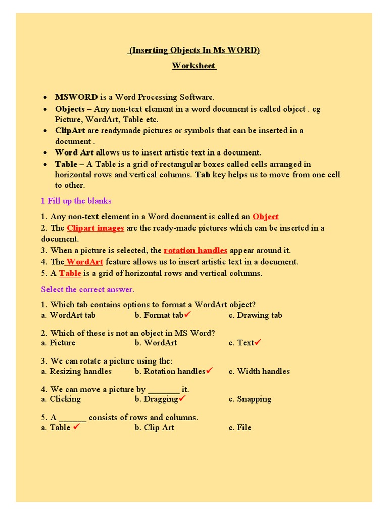 (Inserting Objects in Ms WORD) Worksheet: 1 Fill Up The Blanks | PDF | Microsoft Word | Computer ...
