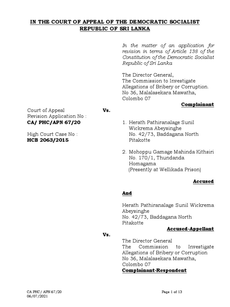 In The Court of Appeal of The Democratic Socialist Republic of Sri ...