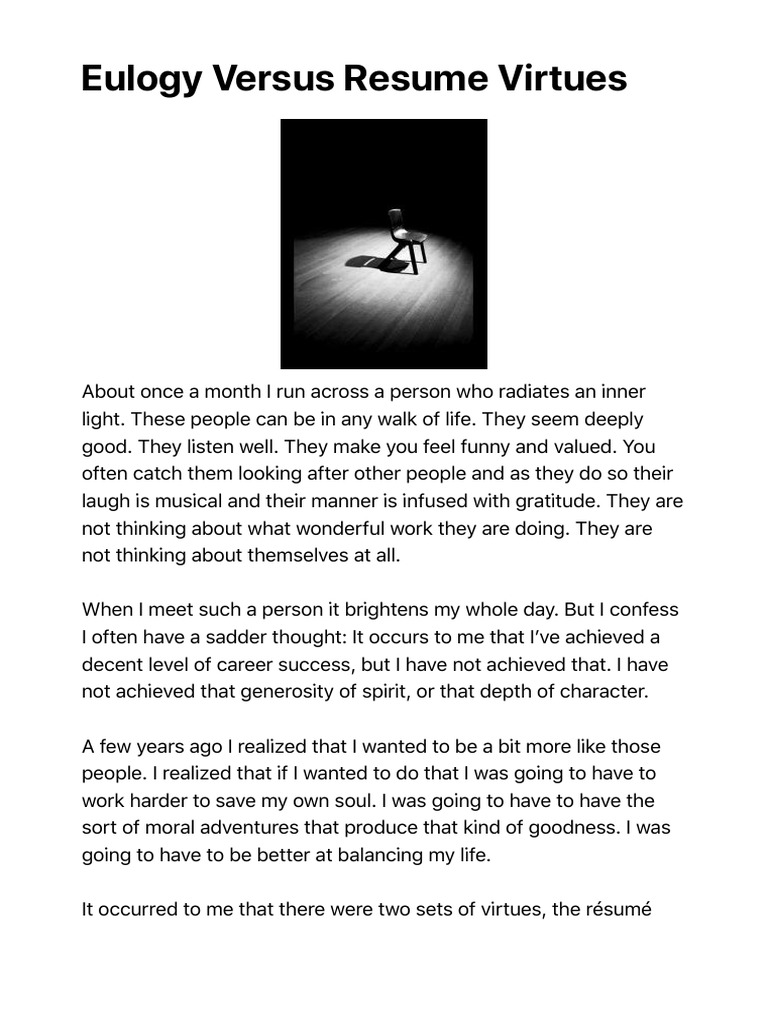 Eulogy Versus Resume Virtues, by David Brooks | PDF | Self-Improvement ...
