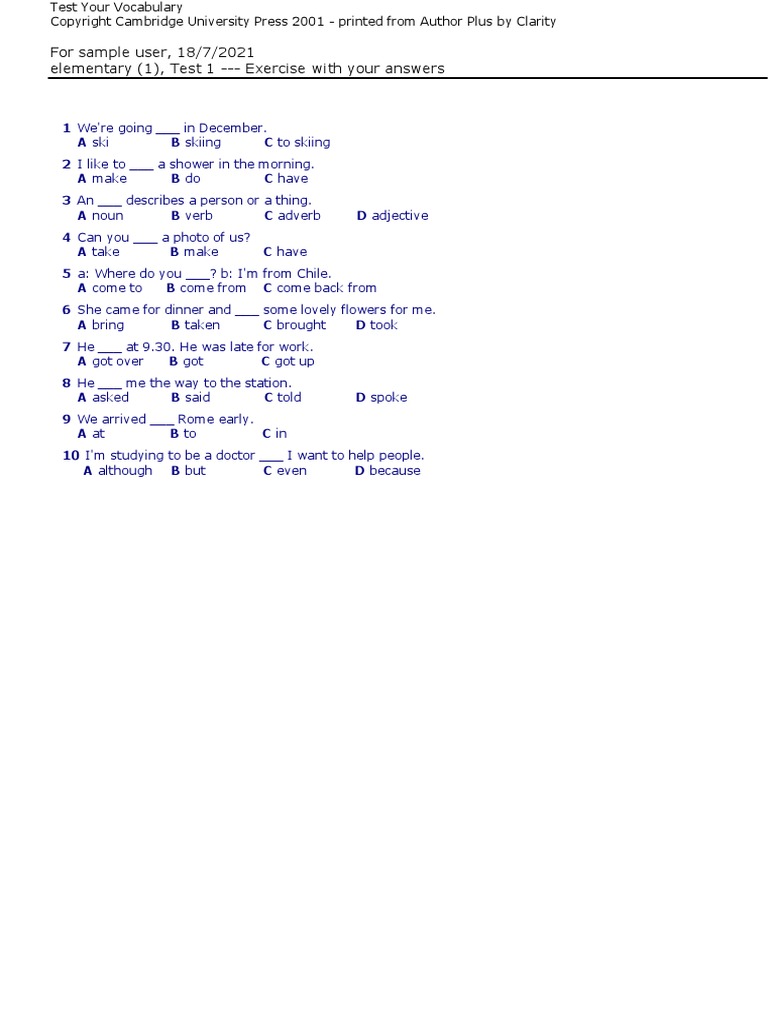 For Sample User, 18/7/2021 Elementary (1), Test 1 - Exercise With Your ...