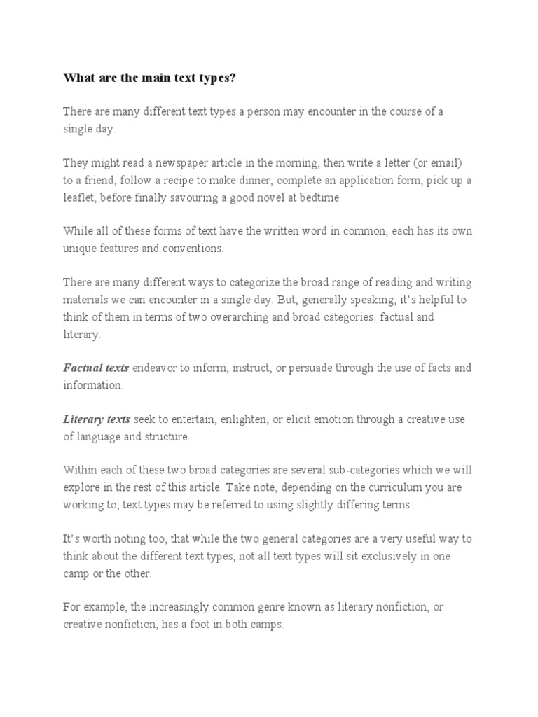 What Are The Main Text Types | PDF | Poetry | Narrative