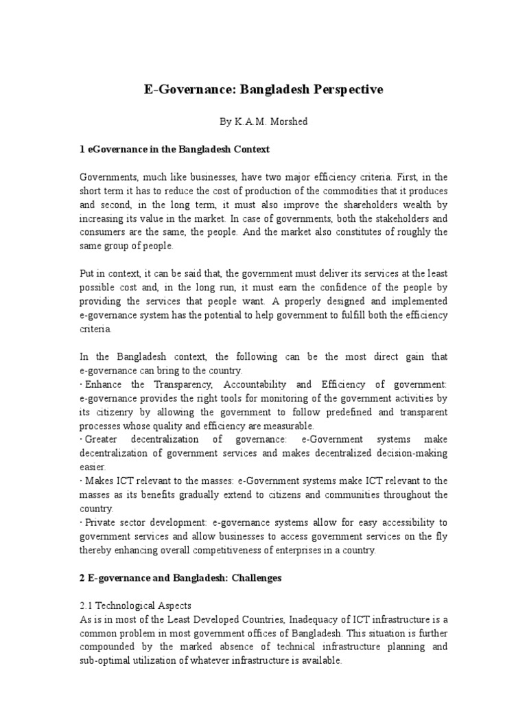 E-Governance: Bangladesh Perspective: 1 Egovernance in The Bangladesh ...