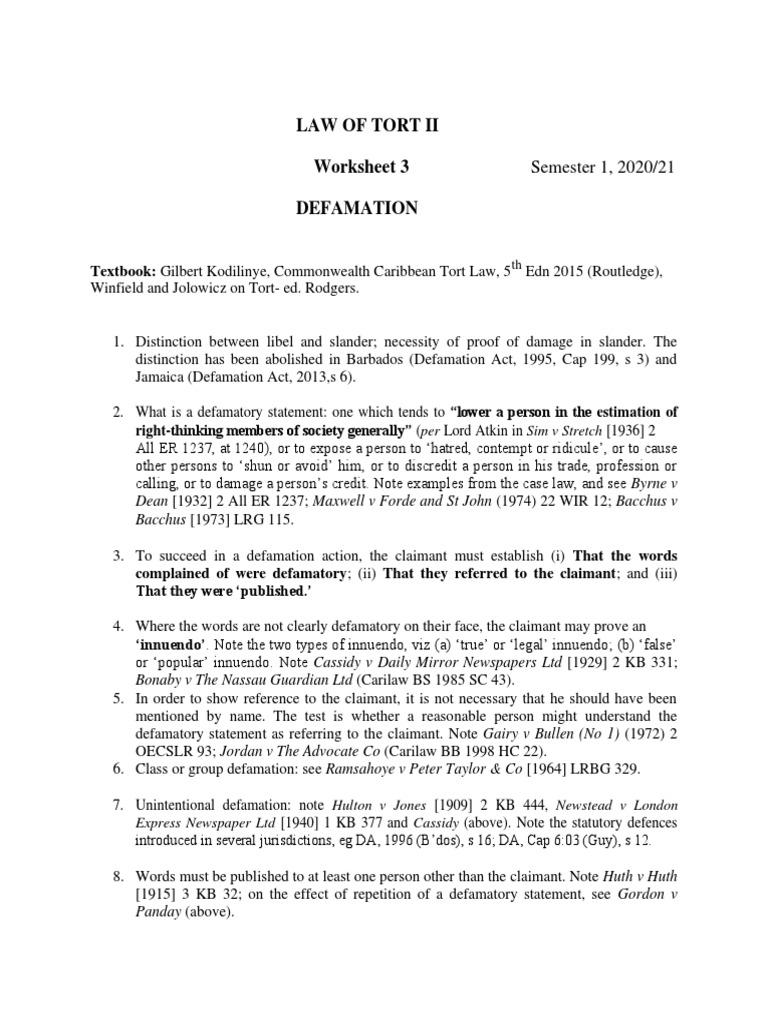 Tort II Worksheet 3 (Defamation) | PDF | Defamation | Injustice