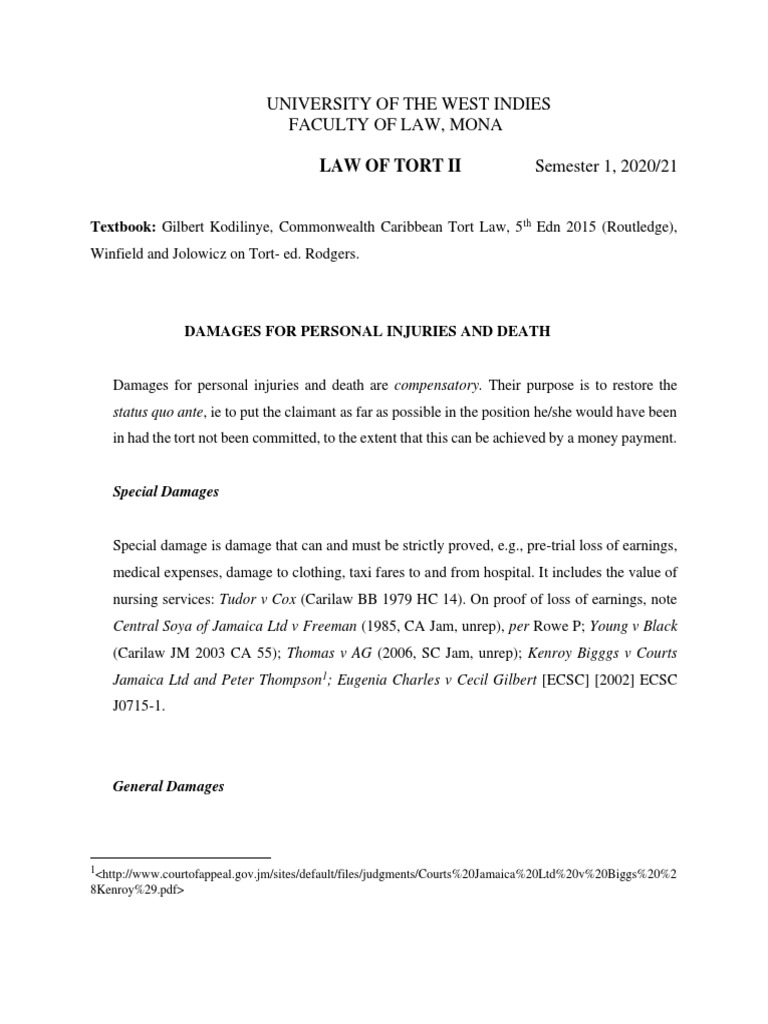 Tort II Worksheet 4 (Damages For PI and Death) | PDF | Damages | Tort