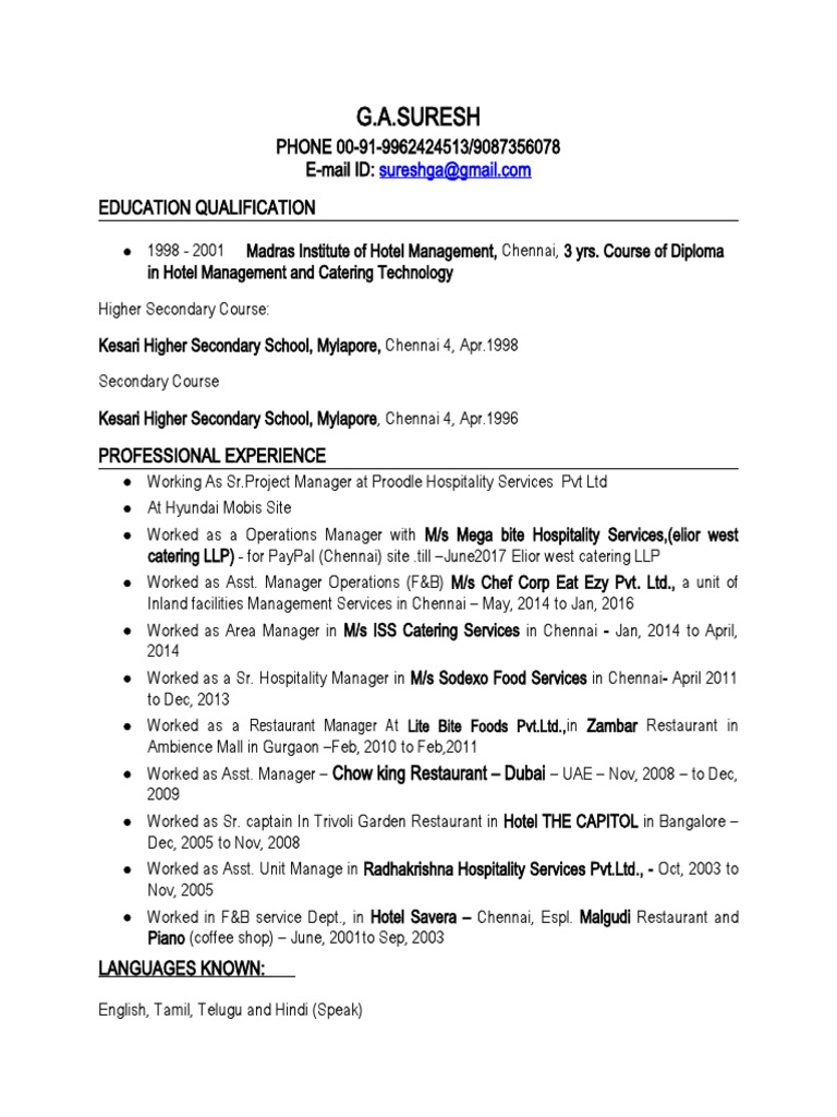 Suresh Resume 2 | PDF | Restaurants | Kitchen