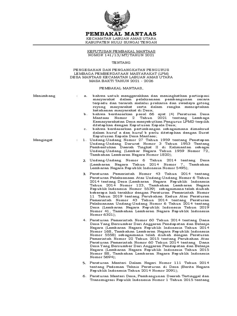 SK Penetapan Pengurus LPMD 2021 | PDF