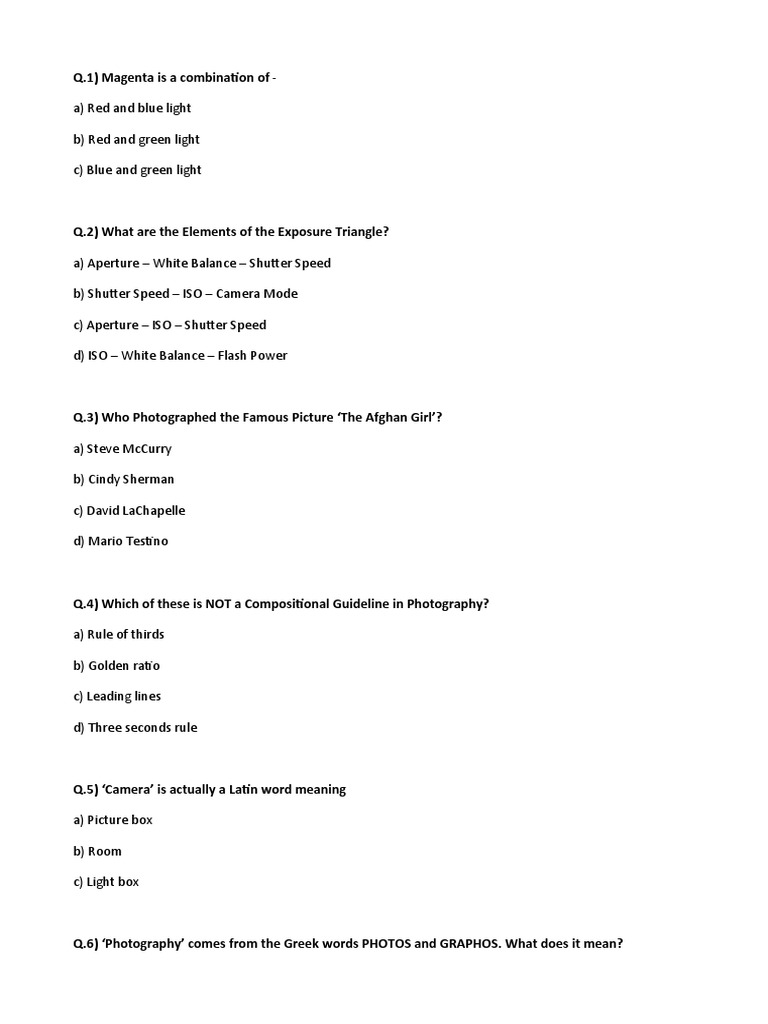 MCQ Photography | PDF | Shutter Speed | Composition (Visual Arts)