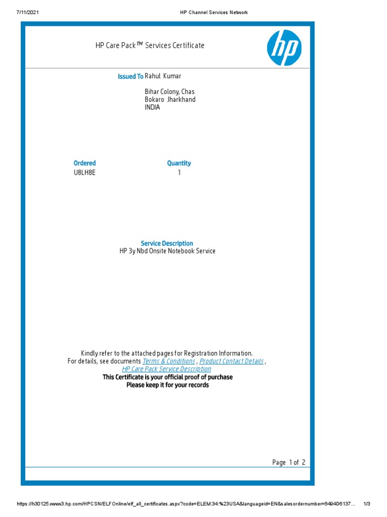 HP Warranty Certificate | PDF