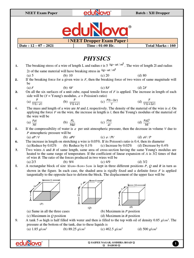 Physics: - NEET Dropper Exam Paper | PDF | Heat | Temperature