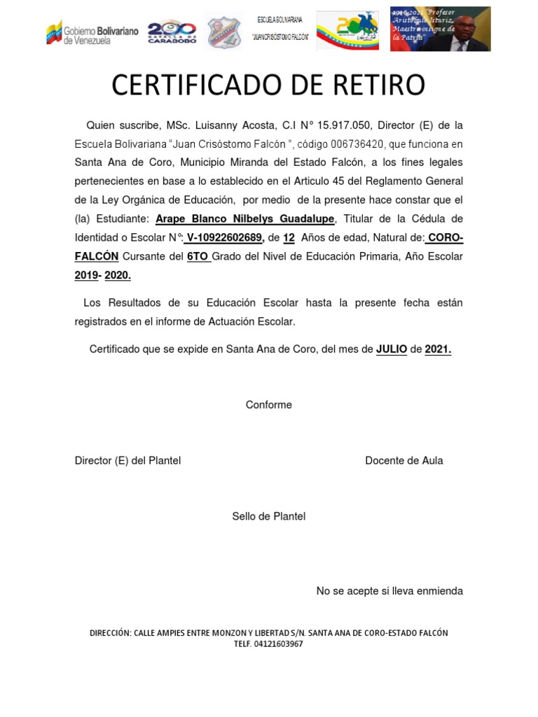 CERTIFICADO DE RETIRO 2021 - A.docx Eponimo | PDF | Educación primaria | Maestros