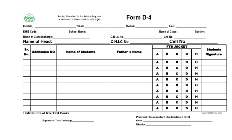 Form D-4: Name of Head | PDF