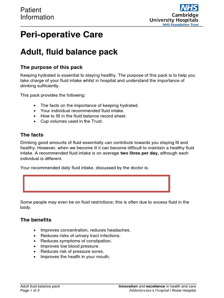 Peri-Operative Care: Adult, Fluid Balance Pack | PDF | Drinking ...
