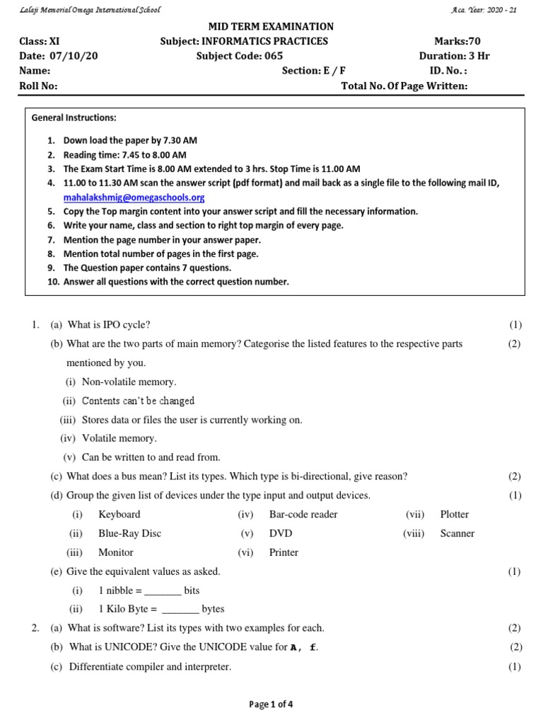 Grade Xi Ip Mid Term Paper | PDF | Table (Database) | Sql