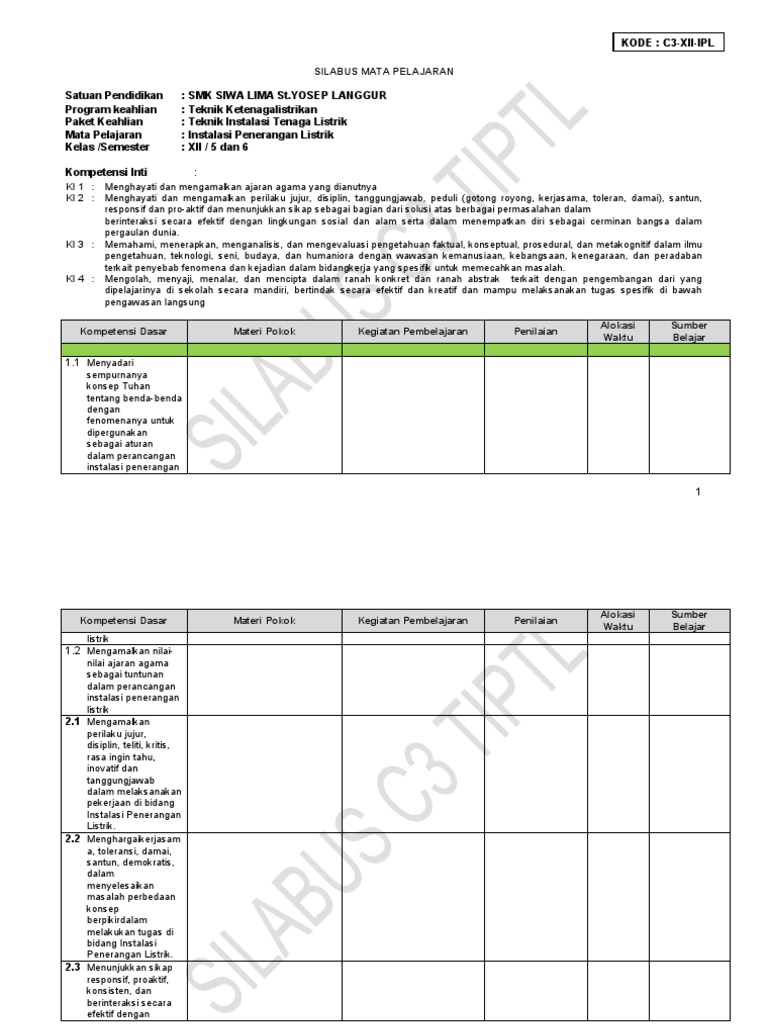 Silabus Mapel Instalasi Penerangan Listrik - Kelas Xii Revisi | PDF