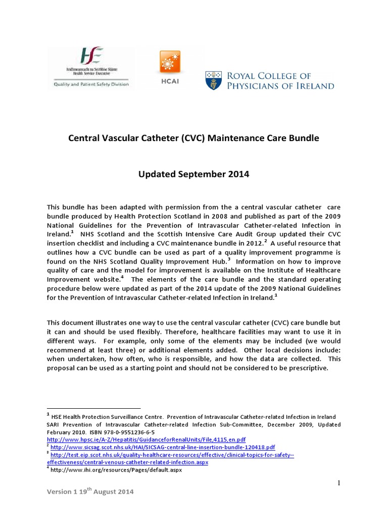 Central Vascular Catheter (CVC) Maintenance Care Bundle: August 2014 ...