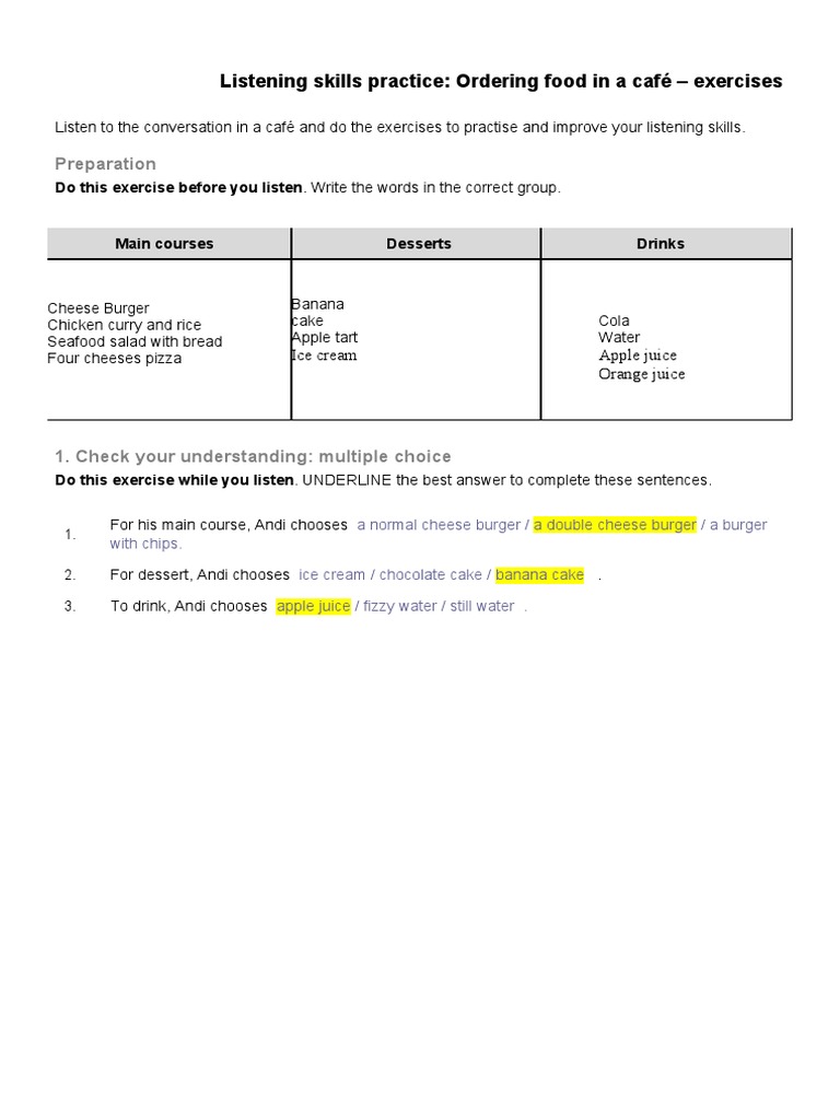 Ordering Food in a Café: Listening Exercises | PDF