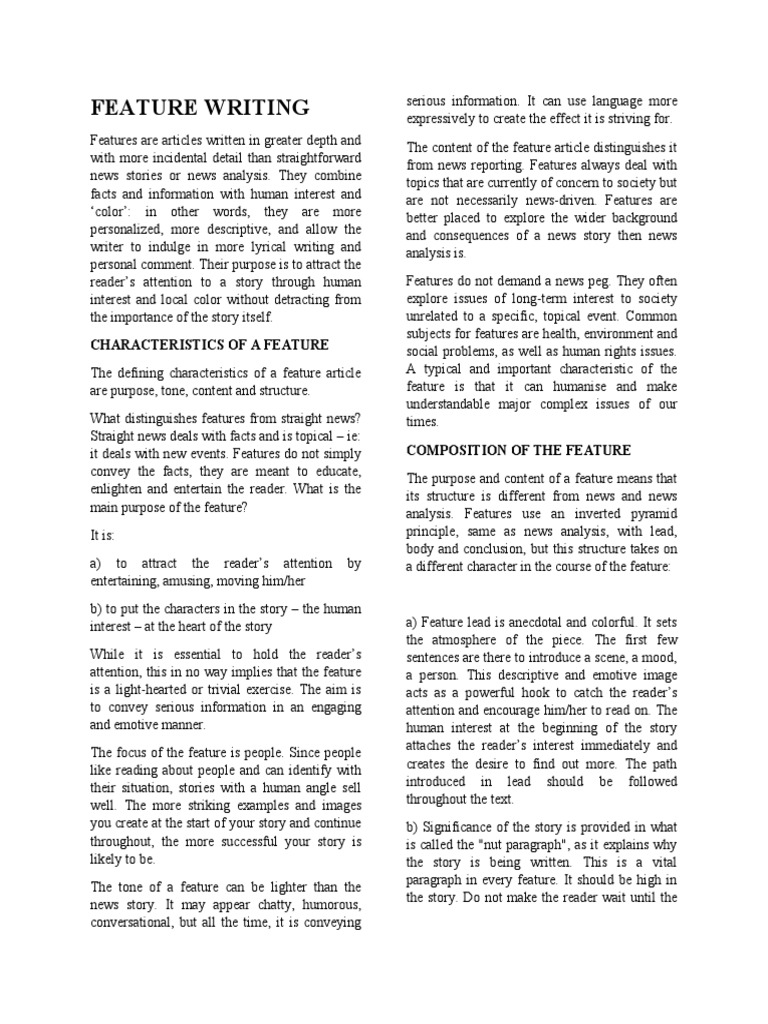 Feature Writing: Characteristics of A Feature | Download Free PDF ...