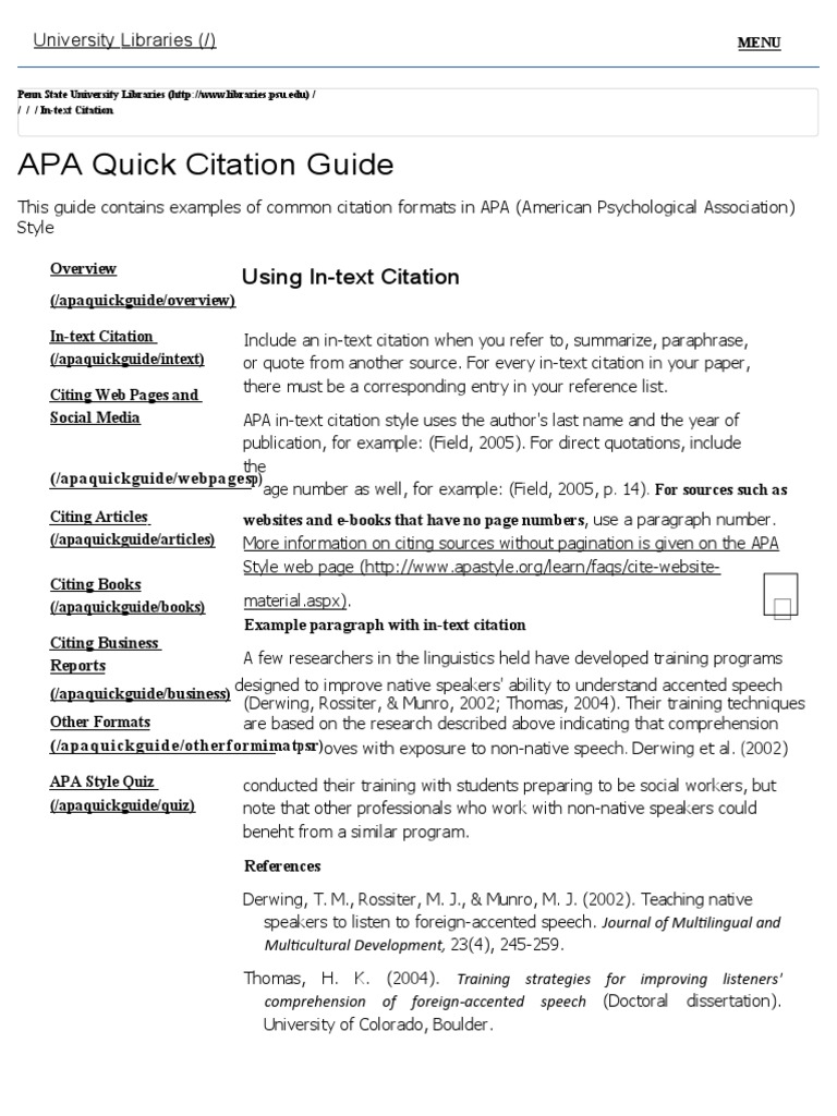 APA Quick Citation Guide | PDF | Citation | American Psychological ...